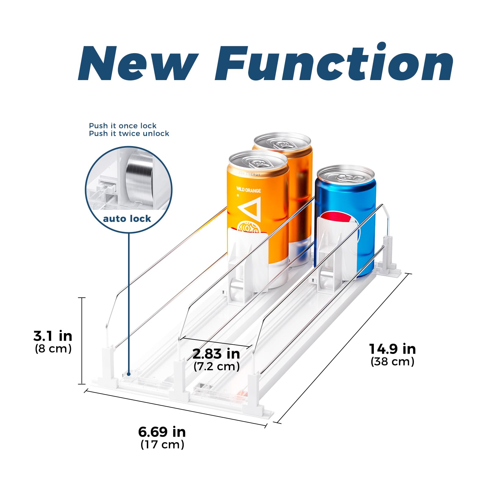 Puricon Drink Organizer for Fridge Pusher Glide, Spring Loaded Fridge Drink Dispenser, Self Pushing Soda Can Organizer for Refrigerator, Beer Bottle Beverage Organizer Drink Holder -2 Rows, White