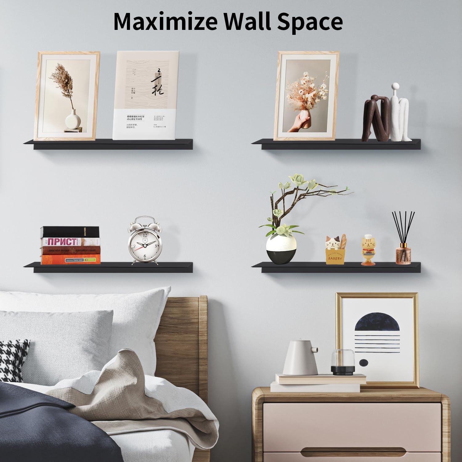 Zoomers Floating Wall Shelves, 2pc Small Shelves for Wall.Small Floating Shelf for Living Room, Bedroom, Kitchen.Small Metal Shelf with Lip (8'', Black)