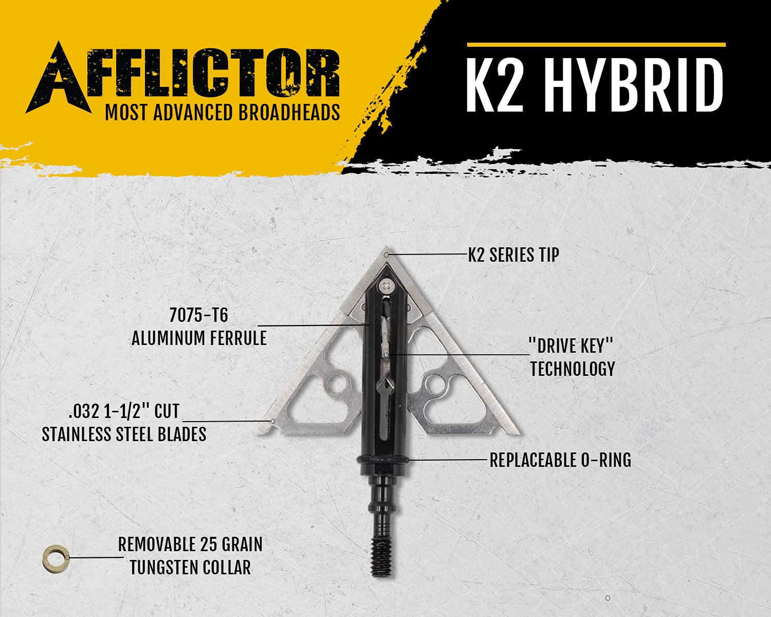 Afflictor K2-Hybrid Broadhead | Patented Drive-Key Hybrid Design | Superior Penetration | Field Point Accuracy | Durable Design | Low Profile | Shoots from Any Bow | Devastating 1-3/4" Cut