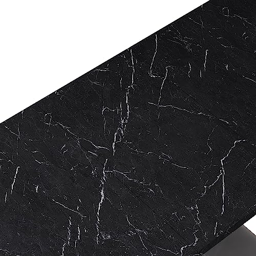 CEMKAR Modern Square Dining Table, 47.24β-62.99" L Stretchable, Printed Black Marble Table Top+MDF X-Shape Table Leg with Metal Base (Black)