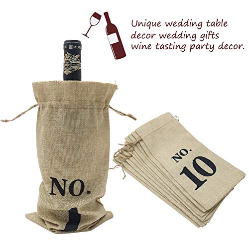Shintop 10pcs Jute Wine Bags, 14 x 6 1/4 inches Hessian Numbered Wine Bottle Gift Bags with Drawstring for Blind Wine Tasting (Brown)