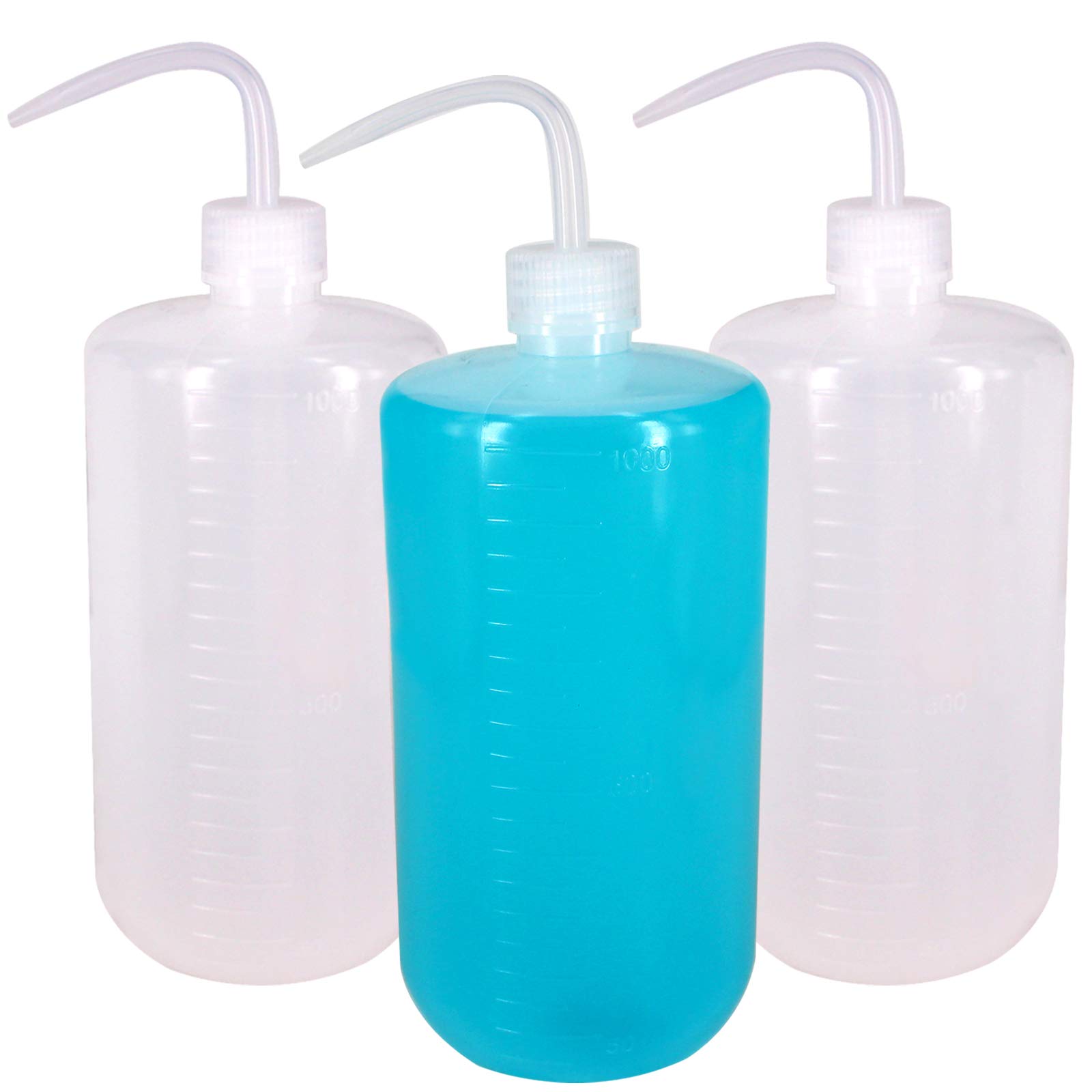 Belinlen 3Pcs 1000ml(33oz) Plastic Safety Lab Wash Bottle, Plastic Squeeze Bottle with Scale Labels and Narrow Mouth, Watering Bottle for Chemistry, Industry, Lab & Gardening(LDPE)
