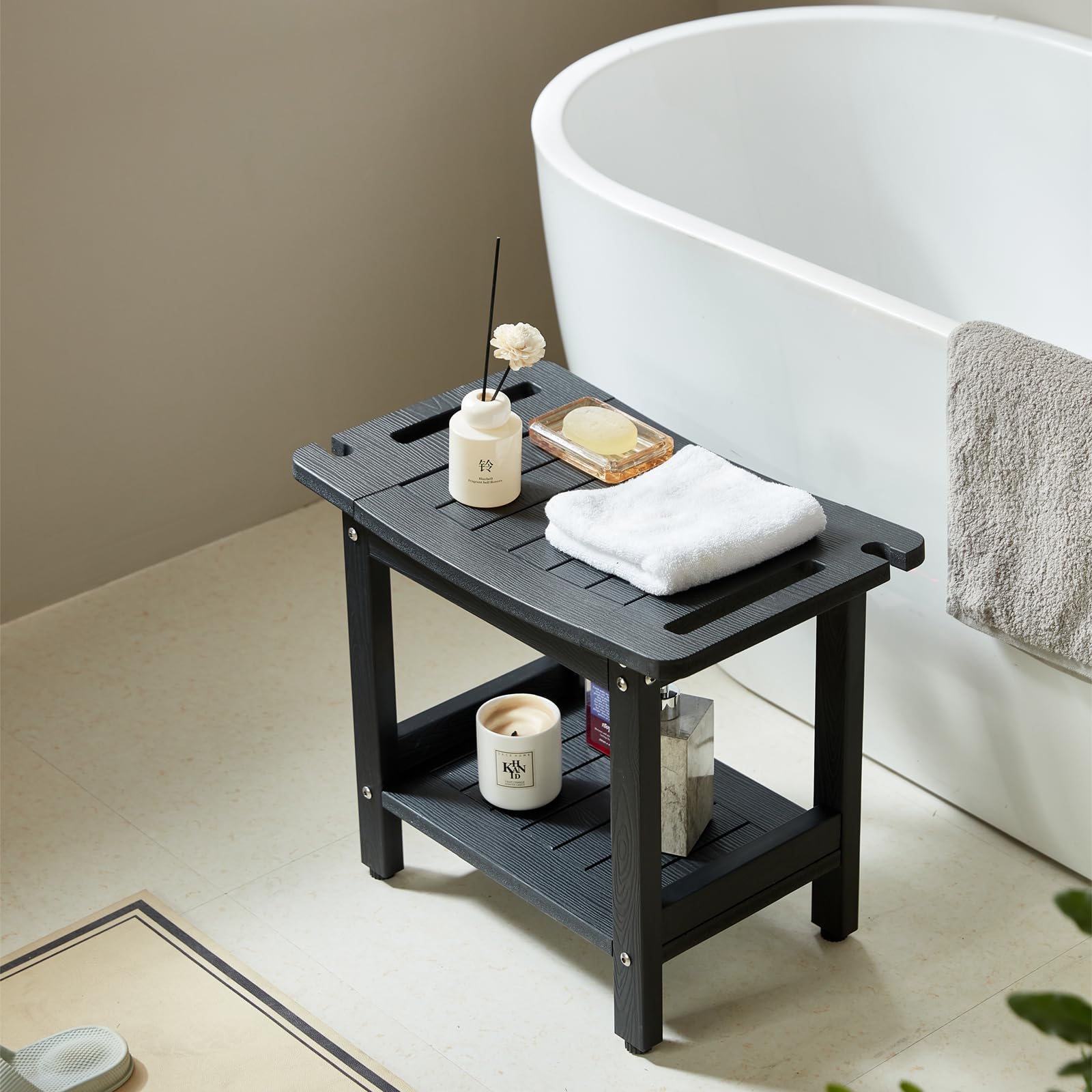 Shower Stool for Inside Shower, Poly Lumber Large Shower Bench Seat, Plastic Shower Bench Waterproof, for Sit on Bathroom Seat to Shaveing Legs with Storage Shelf, Adjustable Feet, Non-Slip(Black)…