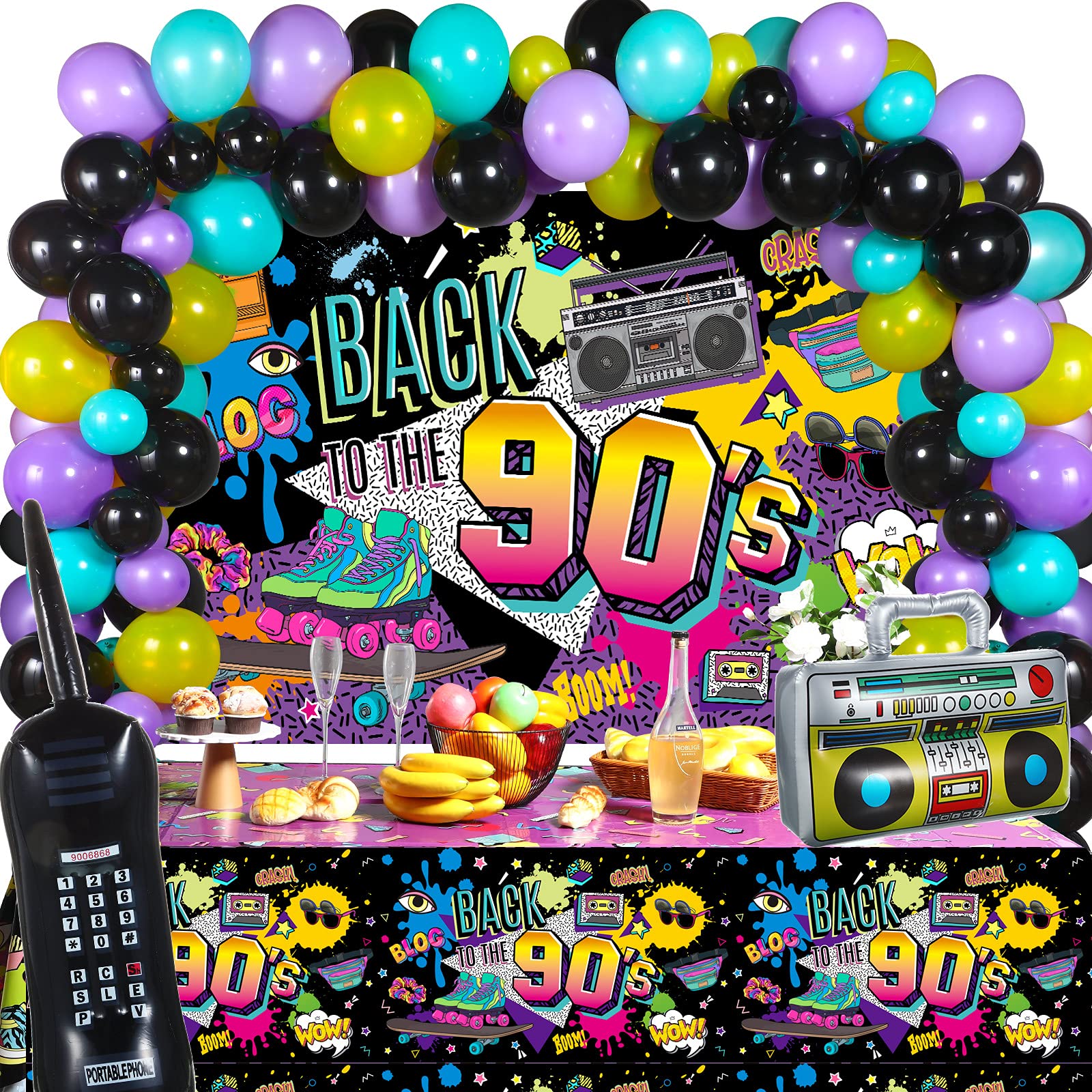 80s 90s 50s Party Decorations 80's 90's 50's Party Bundle Includes Inflatable Radio Boombox and Mobile Phone, Back to 80s 90s 50s Backdrop, Tablecloth, 75 Pcs Balloons for Hip Hop Party(90s Style)