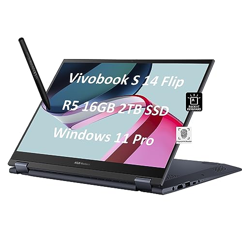 ASUS Vivobook S 14 Flip 2-in-1 14" FHD+ 16:10 Touchscreen (16GB RAM, 2TB SSD, AMD 6-Core Ryzen 5 5600H (Beats i7-1165G7), Active Pen) Business Laptop, Backlit, FP, FHD Webcam, Win 11 Pro, Quiet Blue