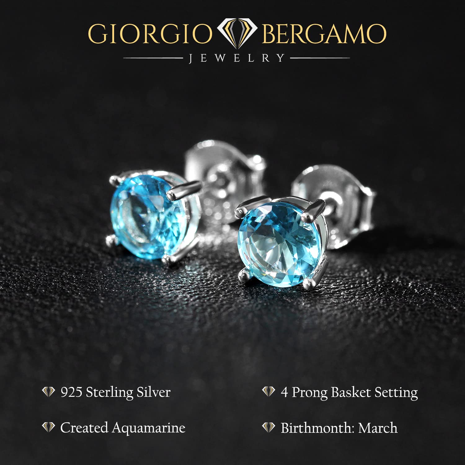 925 Sterling Silver 6mm Round 2.00 ct Genuine Gemstone Birthstone Stud Earrings, Giorgio Bergamo (Aquamarine)
