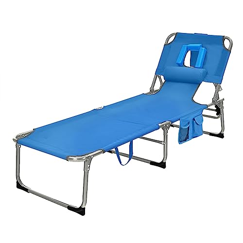 BANGTANE Tanning Chair, Lounge Chair for Outside, Portable Folding Beach Lounger w/ 5 Backrest Positions, Face Hole & Removable Pillow, 331LBS, Ideal for Poolside, Beach, Garden (Blue)