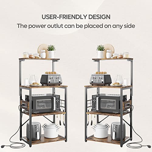 Bestier Bakers Rack with Power Outlet, 4-Tier Kitchen Microwave Stand, Coffee Bar with 6 S-Shaped Hooks, Rolling Storage Shelf Rack with Adjustable Shelf for Kitchen, Living Room - Rustic Brown