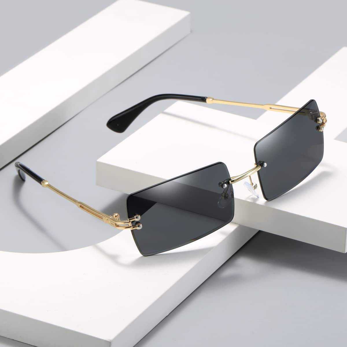 aisswzber Fashion Rimless Rectangle Sunglasses for Women Men Square Glasses Ultralight UV400 Eyewear Unisex 9031