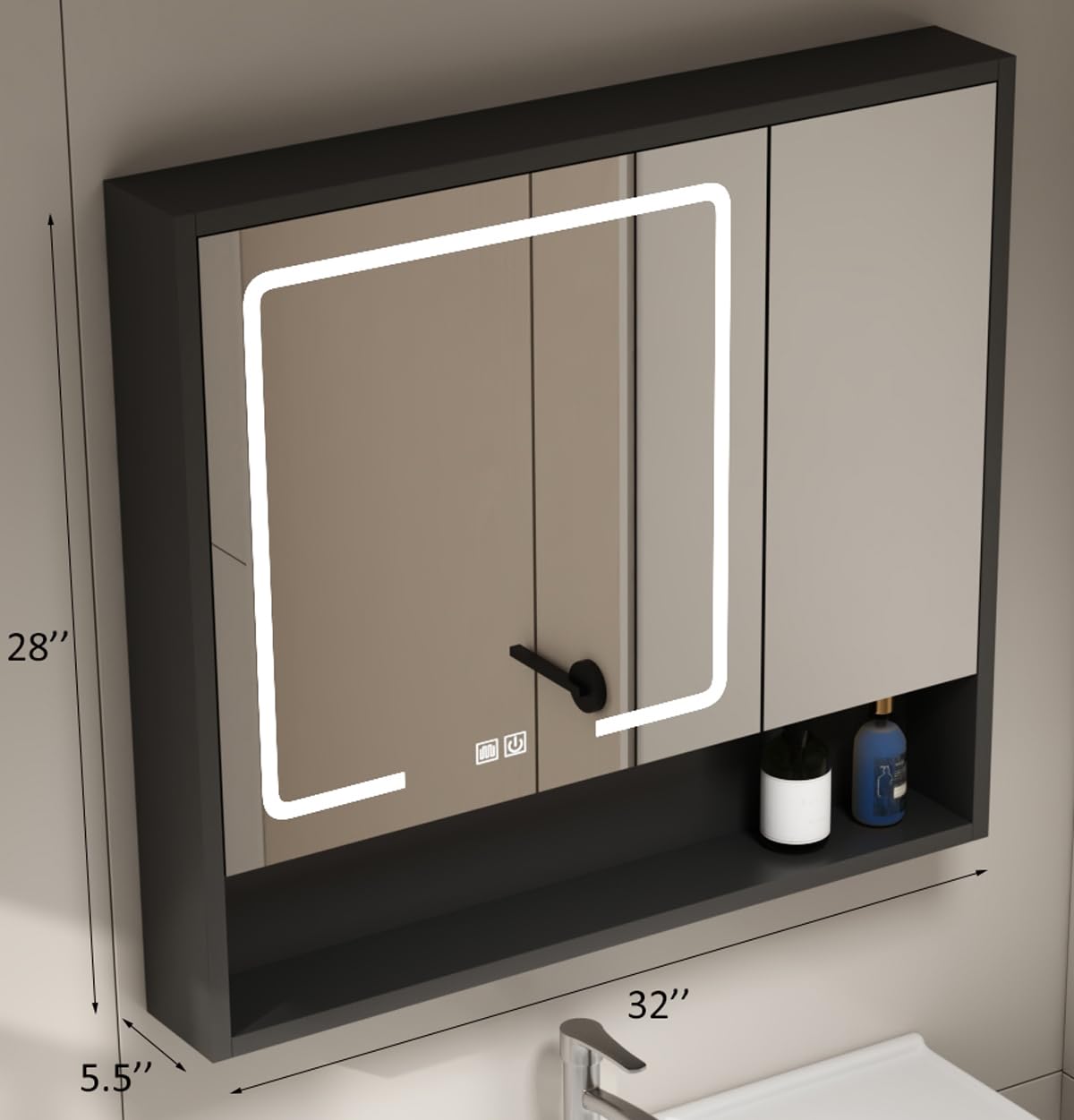 AmpleCharmic 24'' Medicine Cabinet Mirror, Barhroom Medicine Cabinet with LED Light, 3-Color, Dimmer, Defogger, Greywalnut
