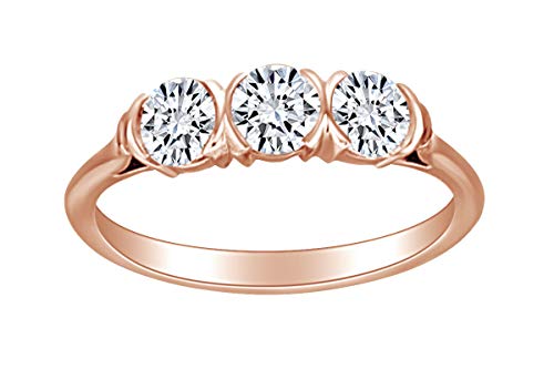 AFFY 1 Carat (Ctw) Round Shape White Natural Diamond Three Stone Engagement Wedding Ring In 14k Solid Rose Gold Ring Size-6.5