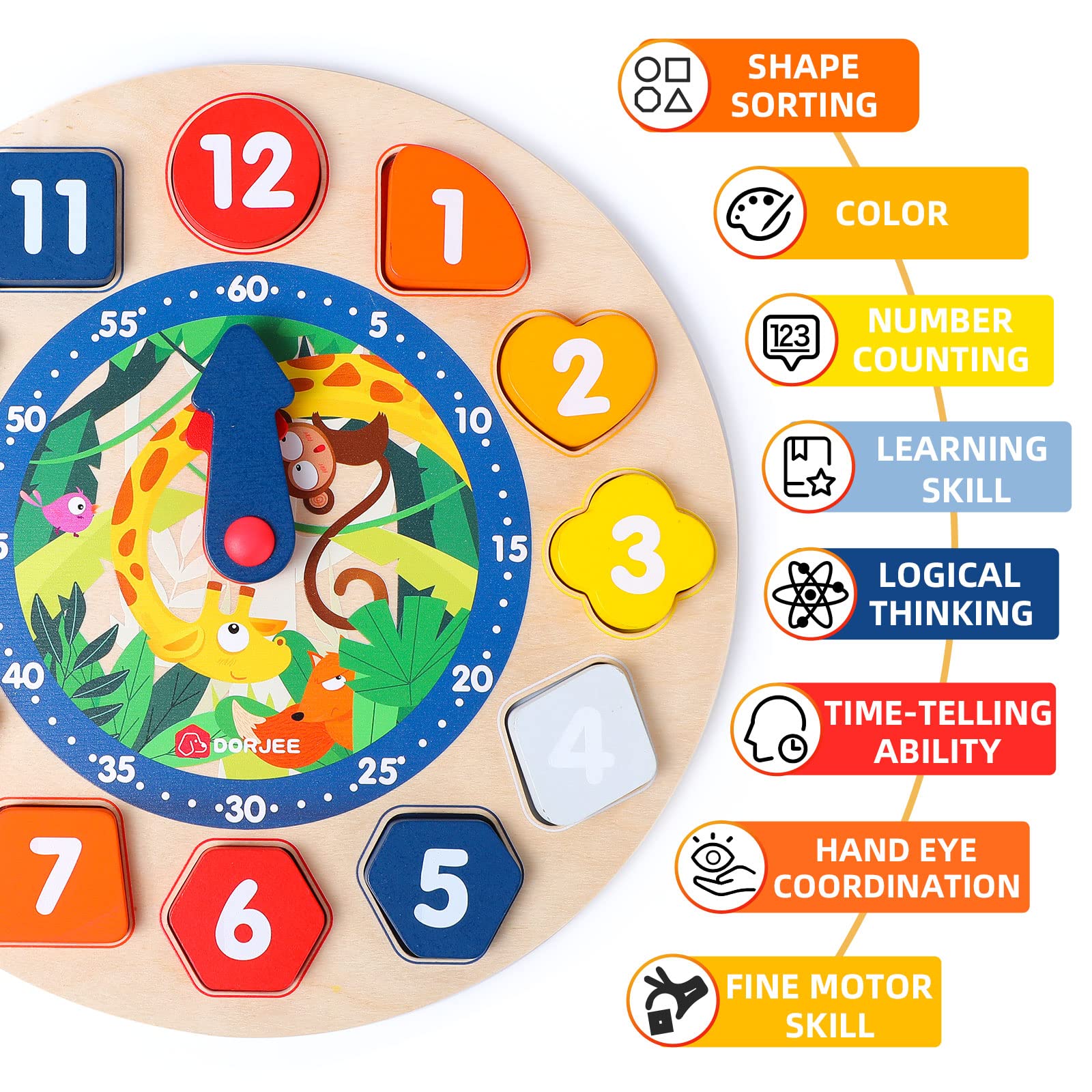 Dorjee Shape Sorter Teaching Clock, Learning Time Clock for Kids , Montessori Toys with 12pcs Removable Number Blocks, Display Holder Included