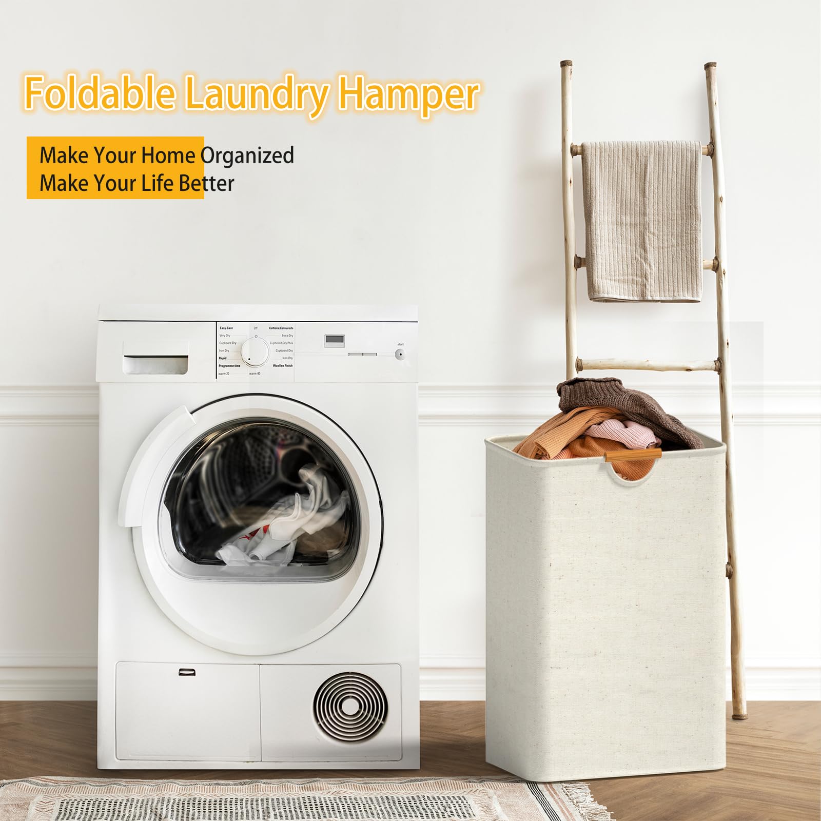 Neateam Laundry Basket, White Laundry Hamper with Handle Laundry Basket Dorm Waterproof Dirty Clothes Hampers for Bedroom Laundry Room Bathroom