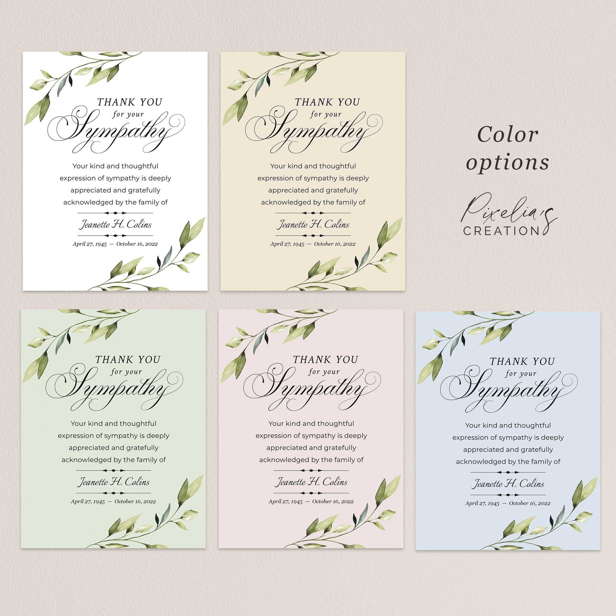 Greenery personalized sympathy thank you notes, Funeral thank you cards with envelopes.
