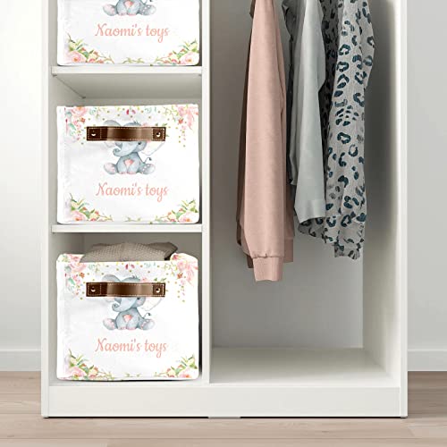Joyestore Pink Flower Elephant Personalized Storage Bins ,Baskets Cubes Organizer with Handle for Shelves Closet Nursery Toy 1 Pack