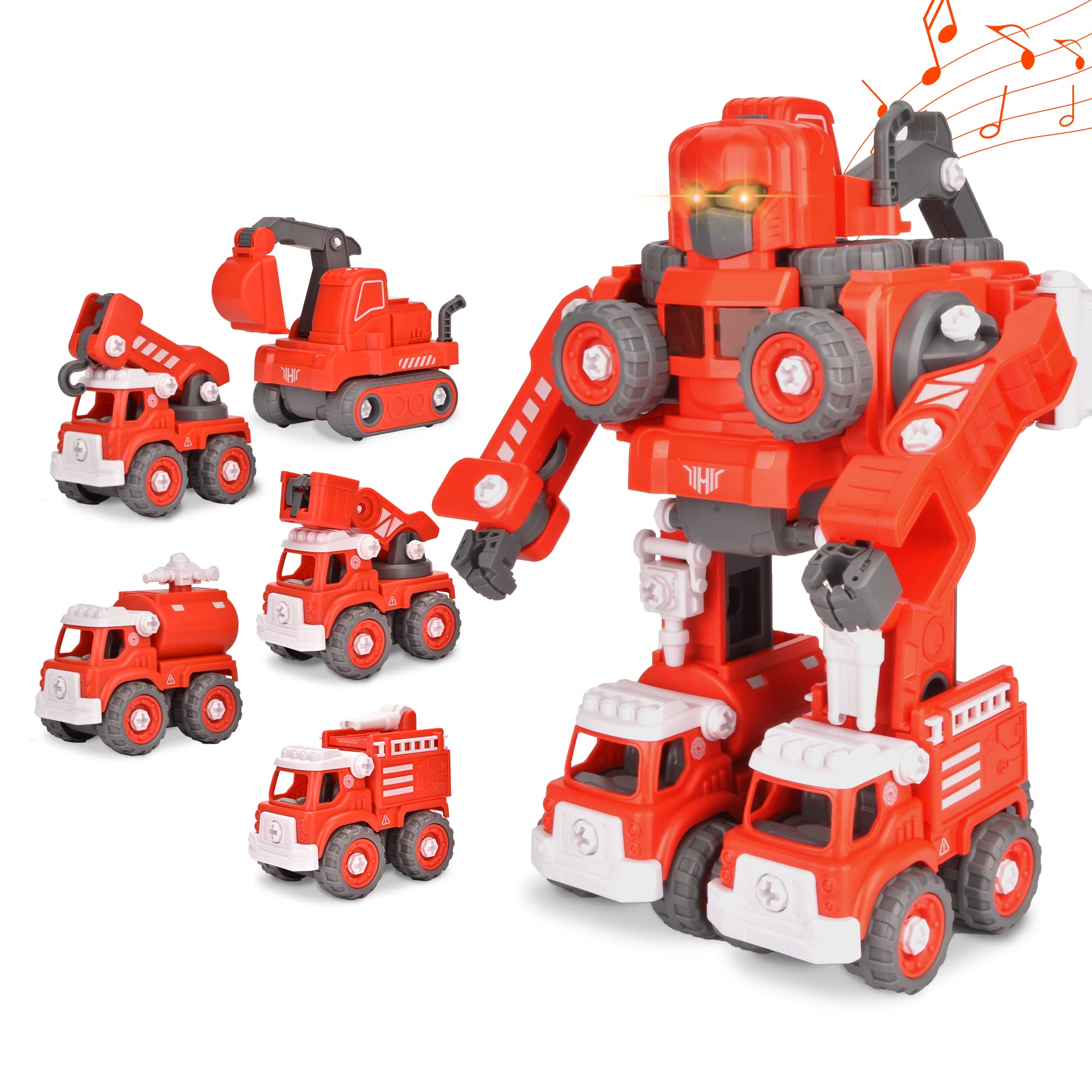 Doahurry Fire Truck Toy Take Apart Robot Transformers Toys 5 in 1 Construction Vehicle Comes with a Electric Drill, Assembly Robot Building Toy Crane Toy Kids Ages 4-12 Birthday (Red)