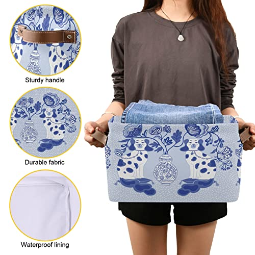JUAMA Staffordshire Dogs in Chinoiserie Style Blue and White Porcelain Large Foldable Open Storage Bins With Handles Rectangular Baskets Cube for Closet Office Nursery Toys Bedroom Home Organizer