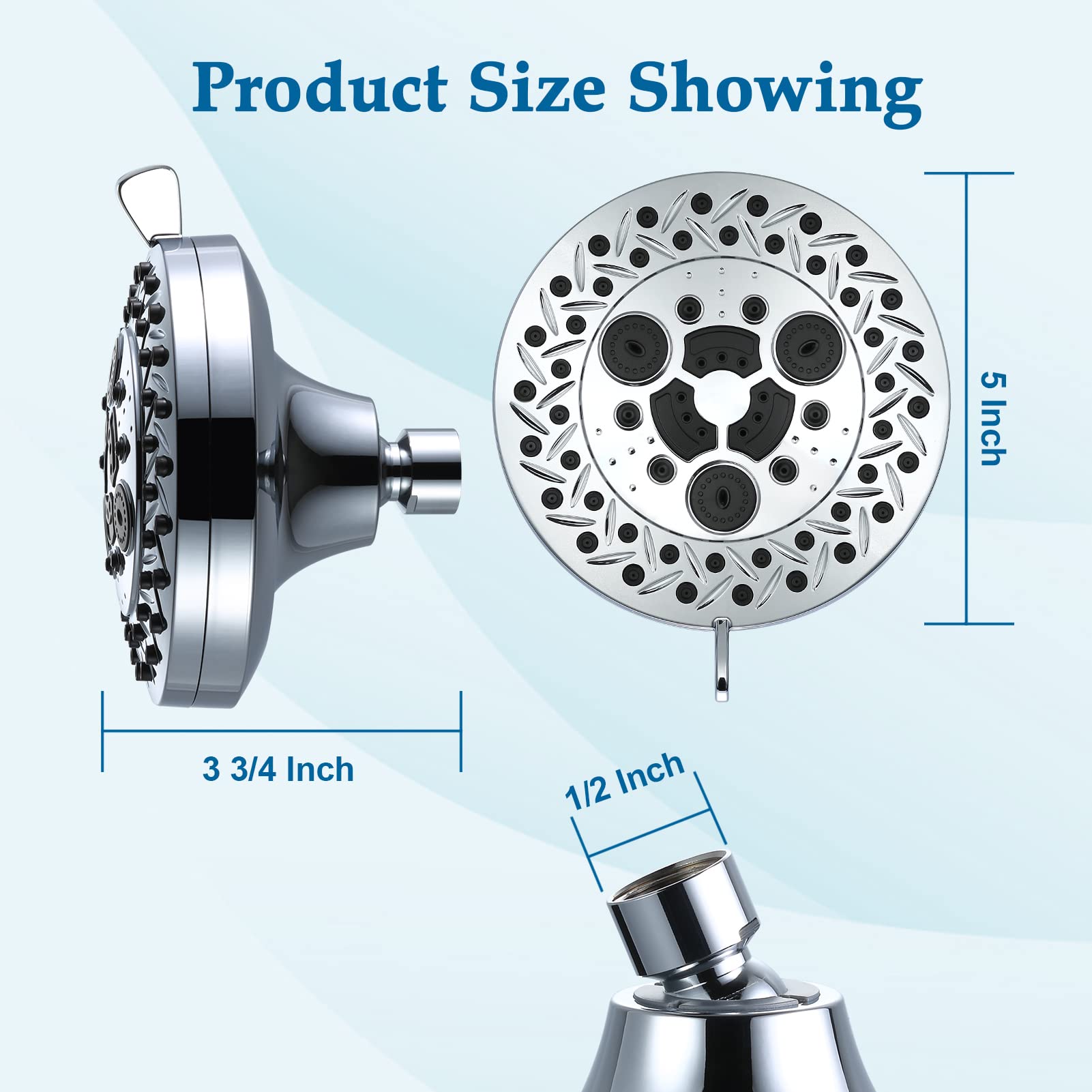 Aiscsc 8 Spray Modes Shower Head, 5 Inch High Pressure Shower Heads with 62 Anti-Clogging Nozzles and Adjustable Brass Ball Joint, Chrome Finish, Replacement for Bathroom Showerhead