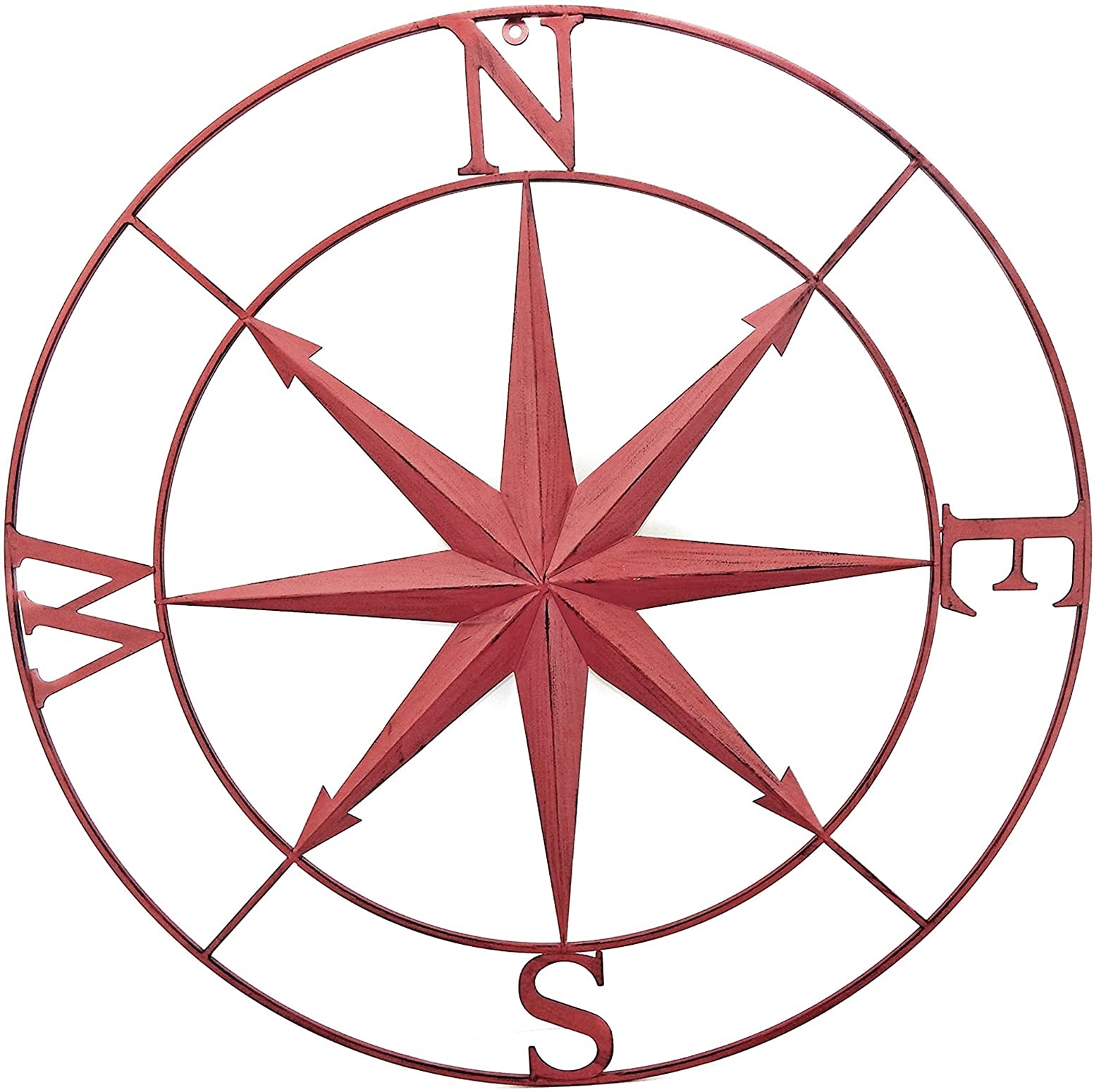 Bellaa 27529 Metal Wall Compass Nautical Coastal Beach Home Decor Captain Sailors Fisherman Round Rustic Distressed Red 30 inch