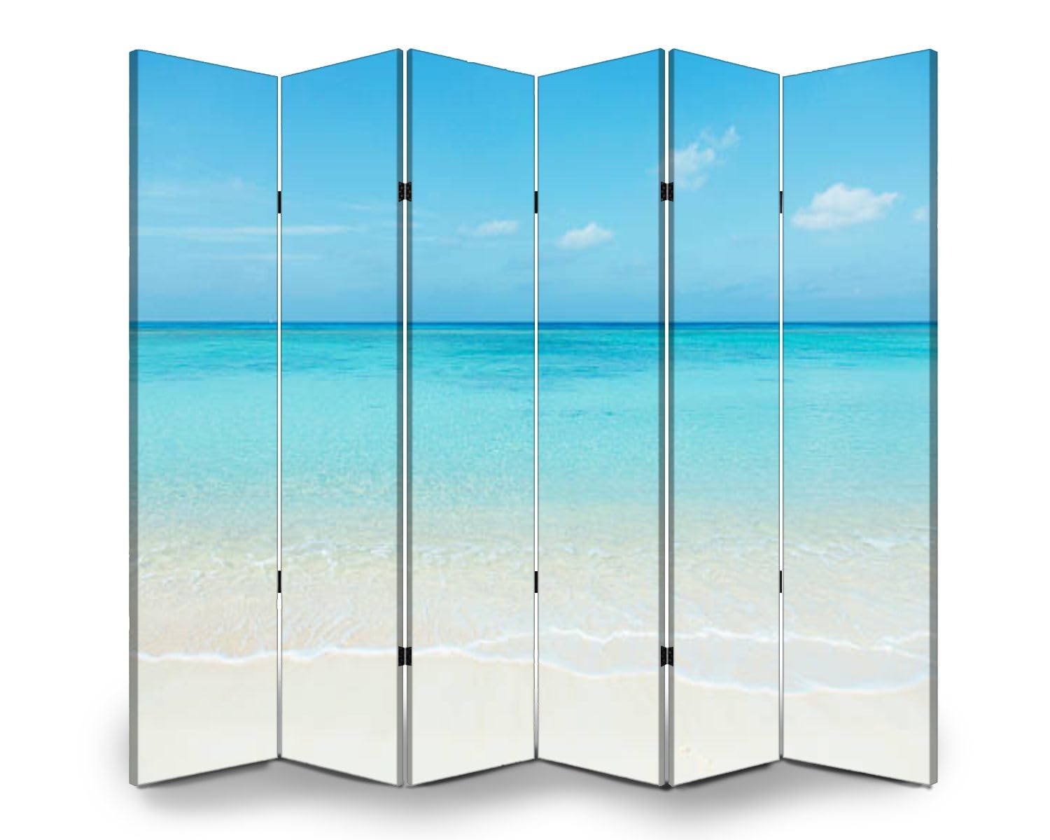 Wood Screen Room Divider Clean White Beach Folding Screen Canvas Privacy Partition Panels Dual-Sided Wall Divider Indoor Display Shelves 6 Panels
