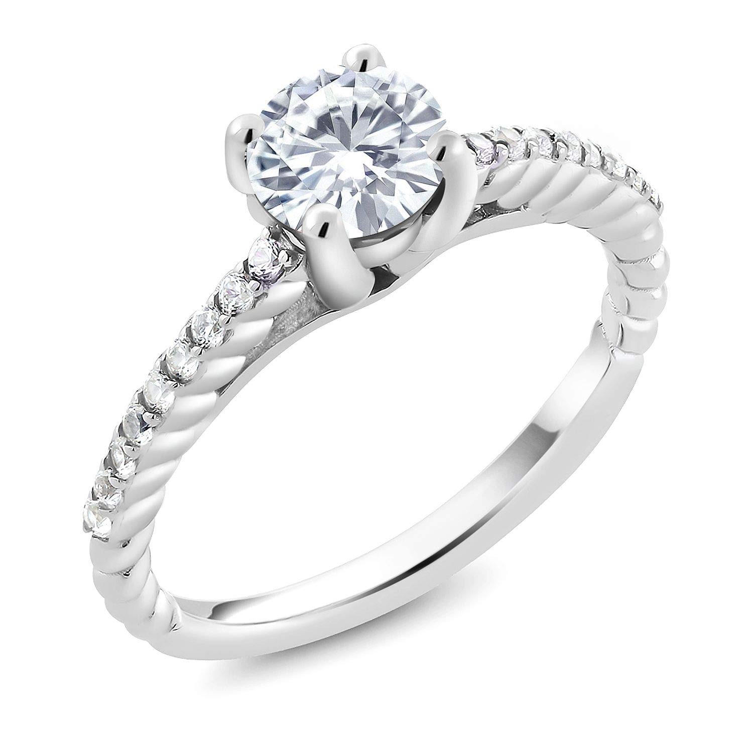 925 Sterling Silver Solitaire with Accent Stones Lab Grown Diamond Engagement Ring Forever Brilliant Round 1.38cttw Moissanite by Charles & Colvard (Size 8)