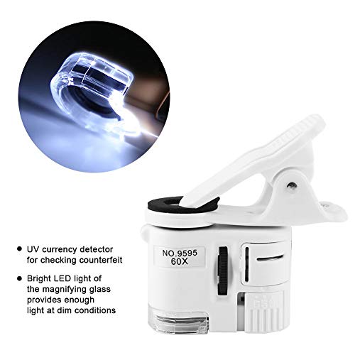 Mini Mobile Phone Microscope, 60X Zoom LED Clip Loupe Microscope with UV Currency Detector,Jewelry & Antique Evaluating, Crafting and Repairing Magnifier,for Universal Mobile Phones