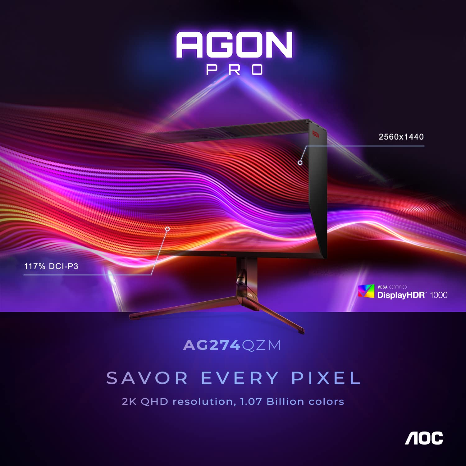 AOC Agon PRO AG274QZM 27” Tournament Gaming Monitor, QHD 2560x1440, 240Hz 1ms, G-SYNC Compatible, DisplayHDR 1000, Mini-LED Backlight, Height Adjustable,Black