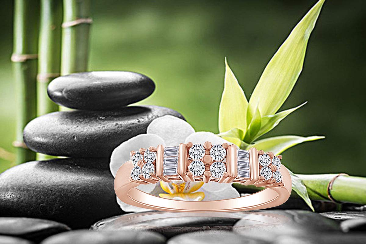 AFFY 1/4 Carat CT Baguette/Round White Natural Diamond Set Engagement Wedding Band Ring For Womens In 14k Solid Rose Gold (I-J Color, I2-I3 Clarity, 0.25 Cttw) Ring Size-6