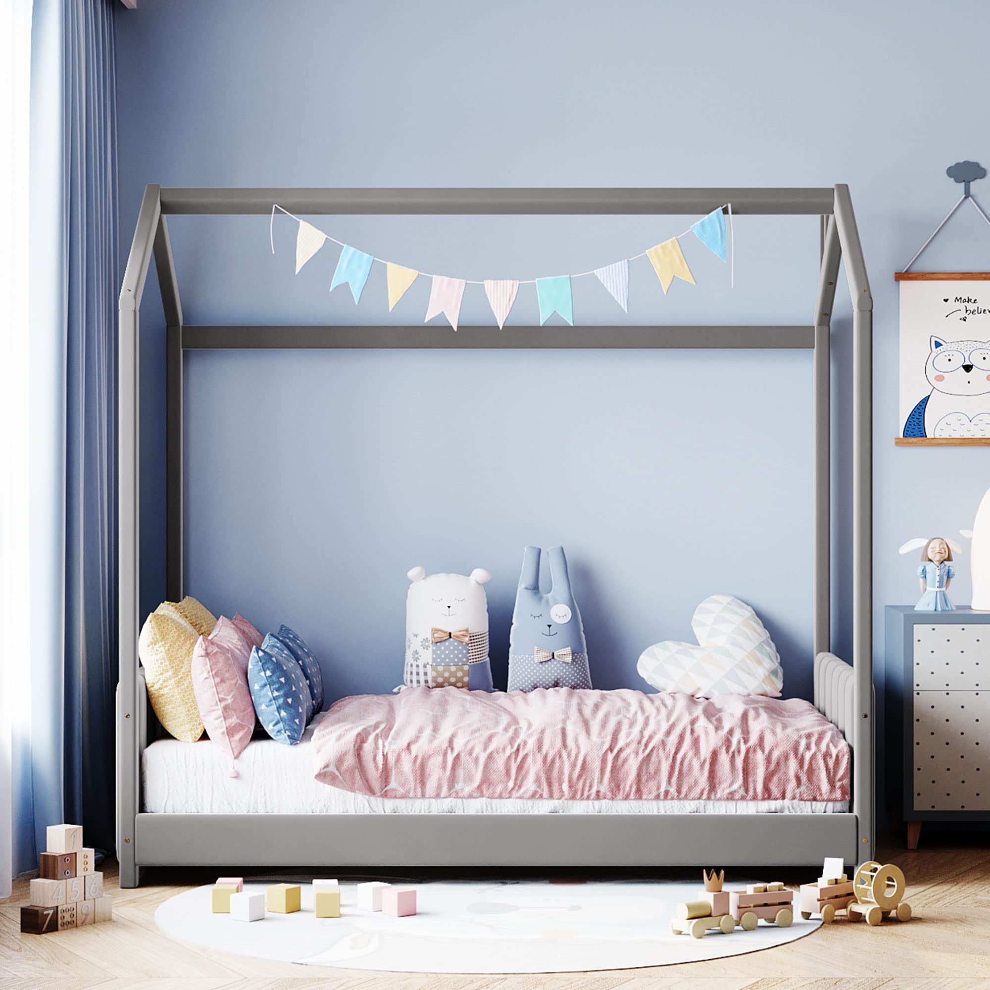 Bellemave House Beds Twin Size Velvet Montessori Bed for Kids Upholstered Floor Bed Frame with Headboard & Footboard for Girls Boys Teens, Gray