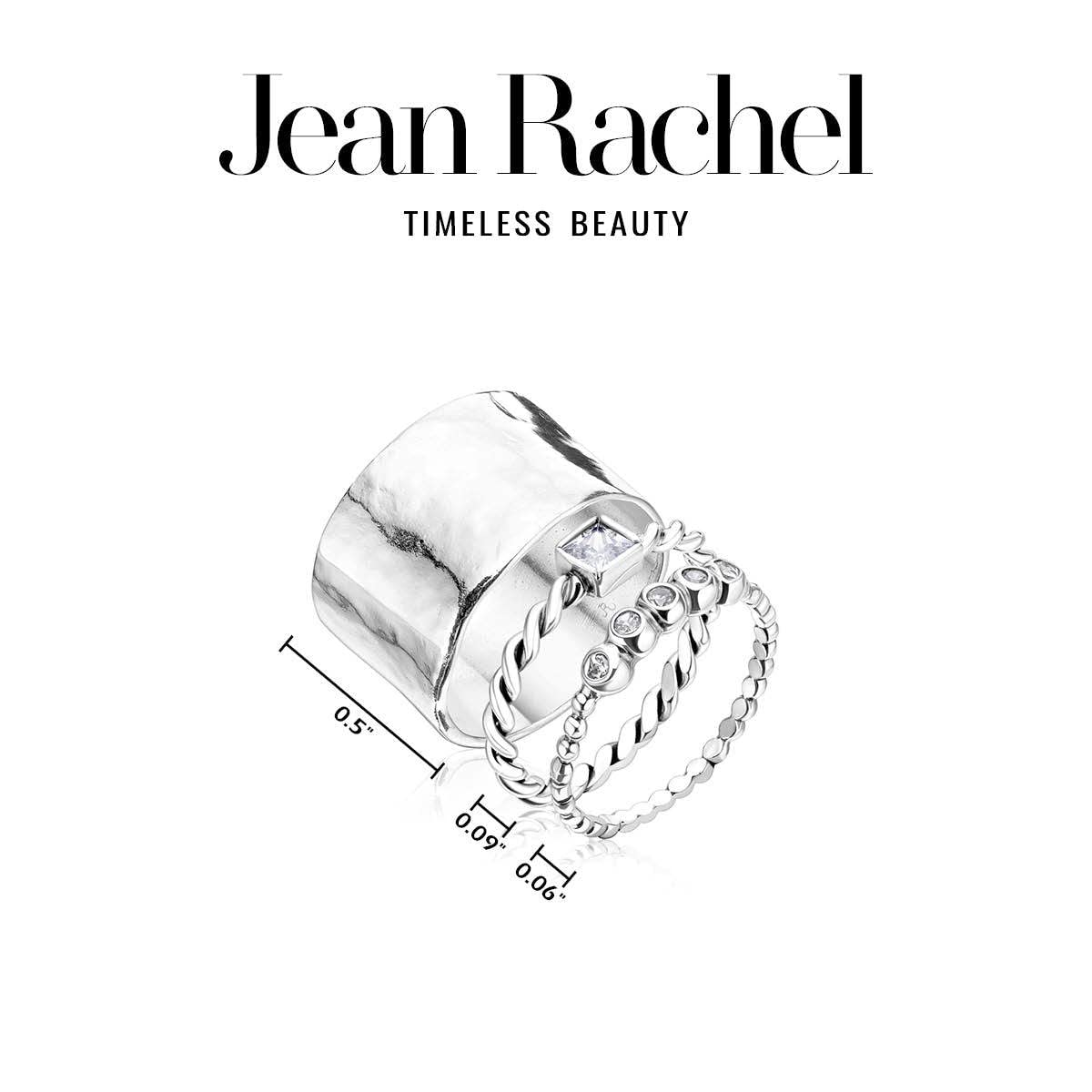 925 Sterling Silver Stack Ring With 1 White Square, 5 Round Cubic Zirconia 3 Rings, Stackable, Hypoallergenic, Nickel and Lead-free, Artisan Handcrafted Designer collection, Made In Israel