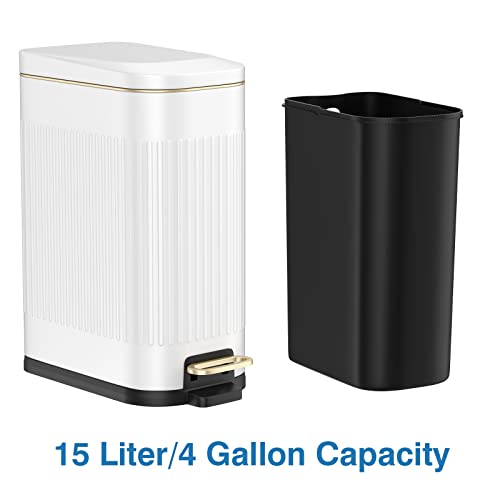 BETHEBEST 4 Gallon/ 15 Liter/Trash Can with Soft Close Lid,Rectangular Trash Can with Removable Wastebasket, Step Trash Can for Bathroom,Kitchen,Office,White