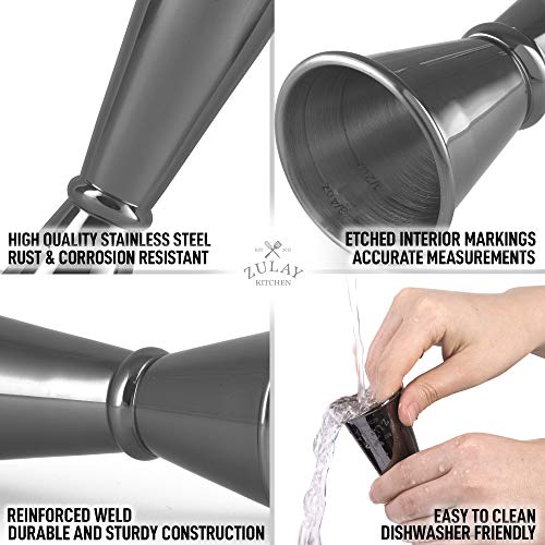 Zulay Kitchen Shot Measure Jigger For Bartending - Cocktail Jigger 18/8 Food-Grade Stainless Steel - Jigger 2 oz 1 oz Etched Markings - Cocktail Measuring Cup Japanese Jigger - Double Jigger (Black)