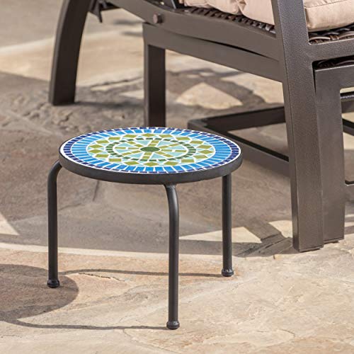 Christopher Knight Home Iris Outdoor Ceramic Tile Side Table with Iron Frame, Blue / Green