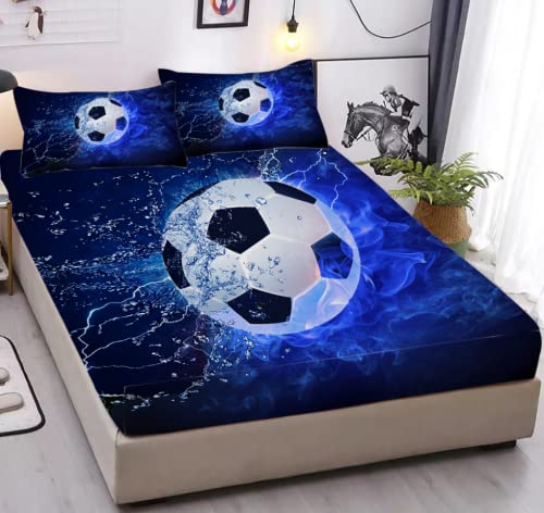 F-CHU Soccer Fitted Sheet Set for Teens and Boys 3D Soccer Pattern Bed Sheet for Kids Soccer Bedding Set 1 Fitted Sheet with 1 Pillowcases (Twin Size)