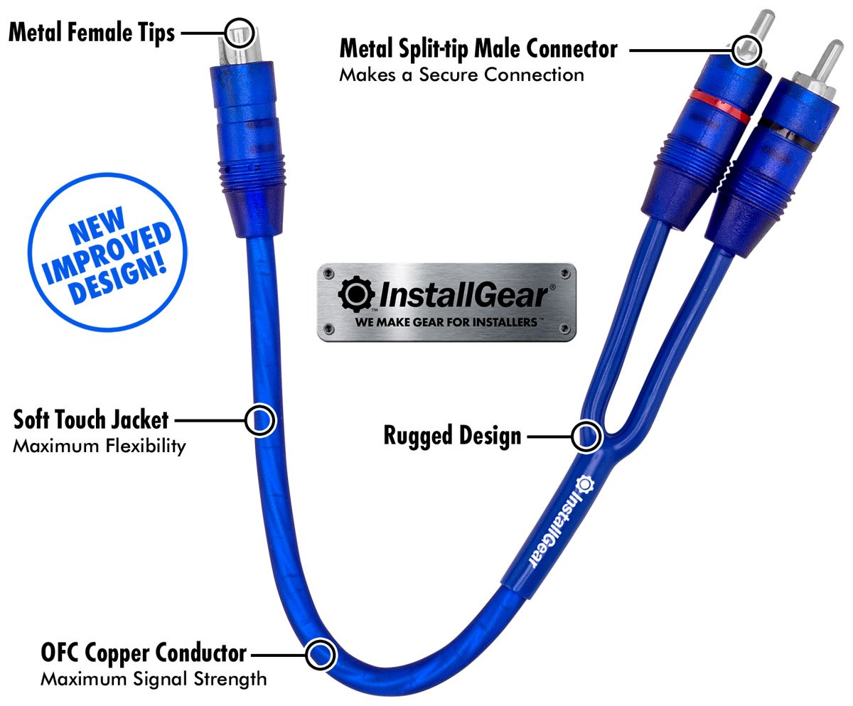 InstallGear 1ft Shielded 1 Female to 2 Male RCA Y Adapter Connector - RCA Splitter (2 Pack)
