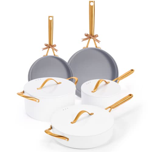 Ceramic Pots and Pans Set - Nonstick Non Toxic Cookware Set, PFOA Free, Induction Cookware With Dutch Oven, Frying Pan, Saucepan, Sauté Pan, Luxe Gold Pots and Pans for Cooking Set Gifts