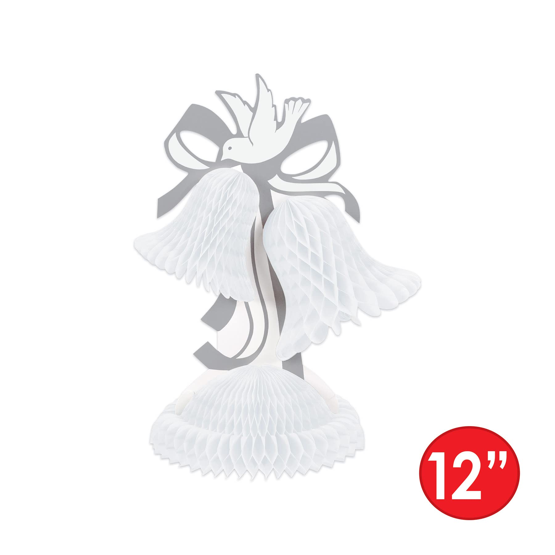 Beistle 2 Piece Honeycomb Tissue Bell Centerpieces for Wedding Decorations, Bridal Shower Décor, Anniversary Party Supplies, 12", White/Silver