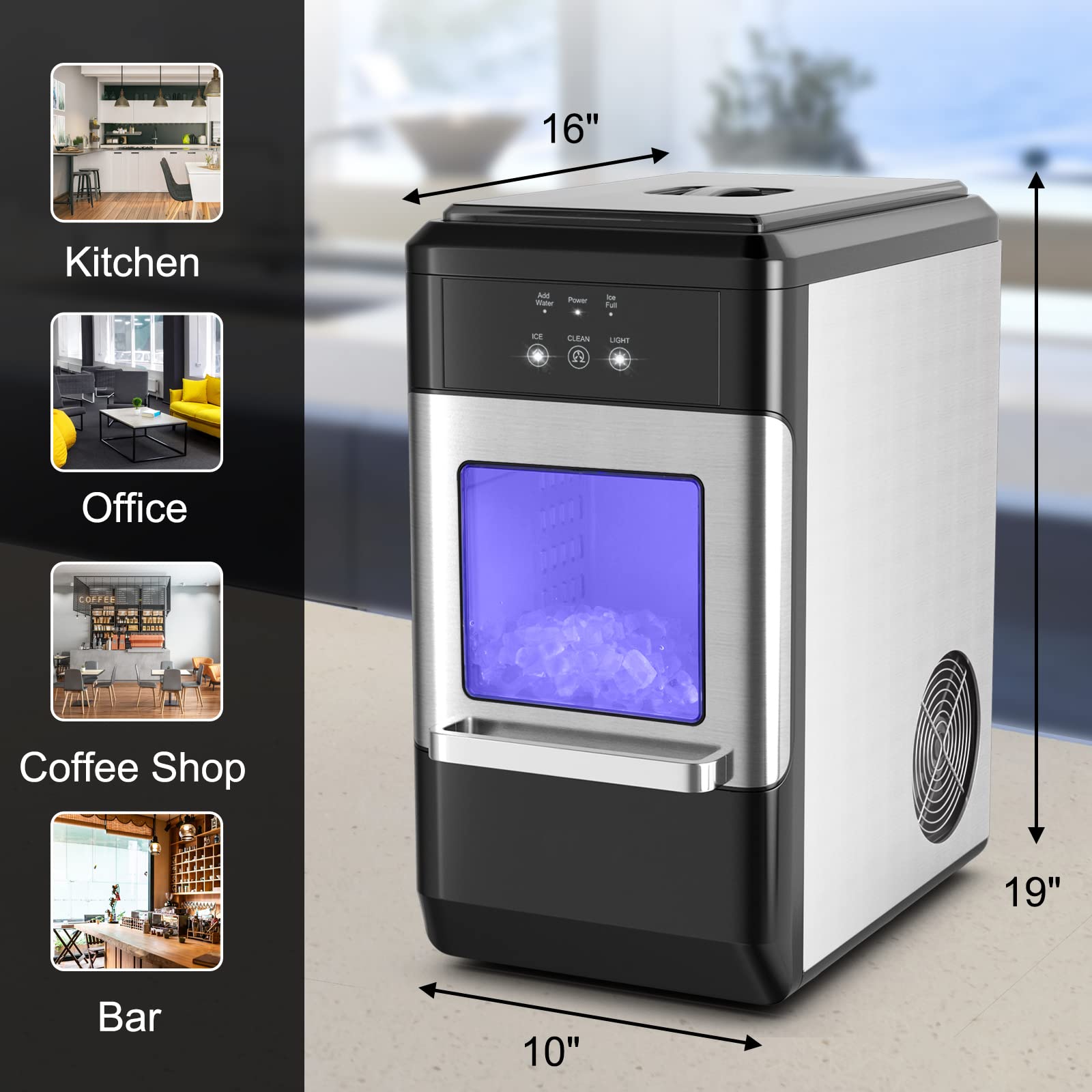 ARLIME Portable Nugget Ice Maker Machine for Countertop, 44lbs/24H Sonic Ice Maker Self-Cleaning with 4.8lb Ice Bin & Scoop, Intelligent Control Panel, Chewable Ice Makers for Kitchens, Offices, Home