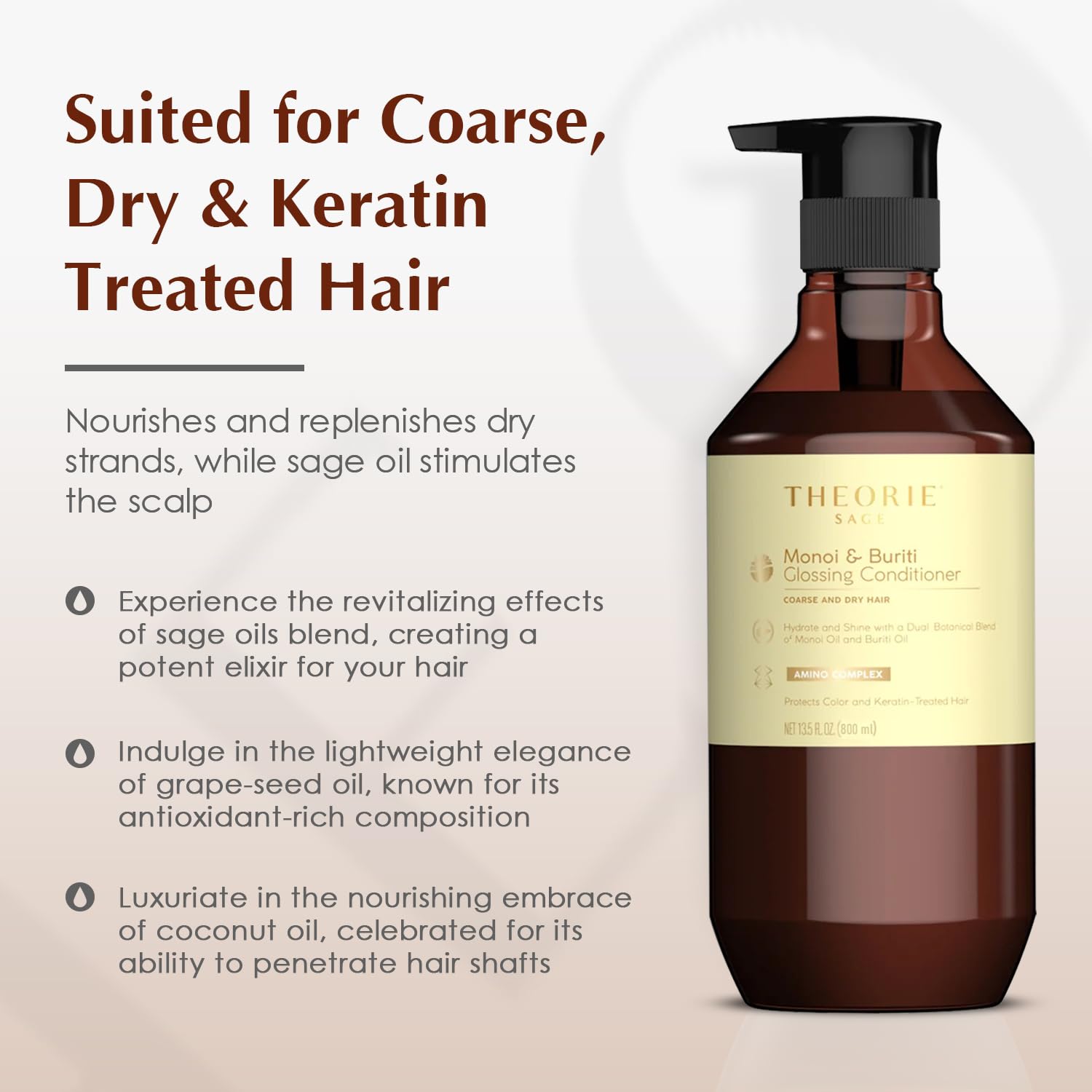 Theorie Monoi and Buriti Glossing Conditioner - Hydrate & Shine - Suited for Coarse and Dry Hair - Protects Color & Keratin Treated Hair, Pump Bottle 800mL