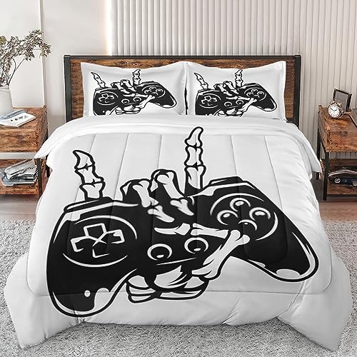 Comforter Set King Size, Vintage Gaming Skeleton Rock Soft Quilt for Kids and Adults, Retro Wireless Gamepad Bedding Set with 2 Pillowcases for Bedroom Bed Decor