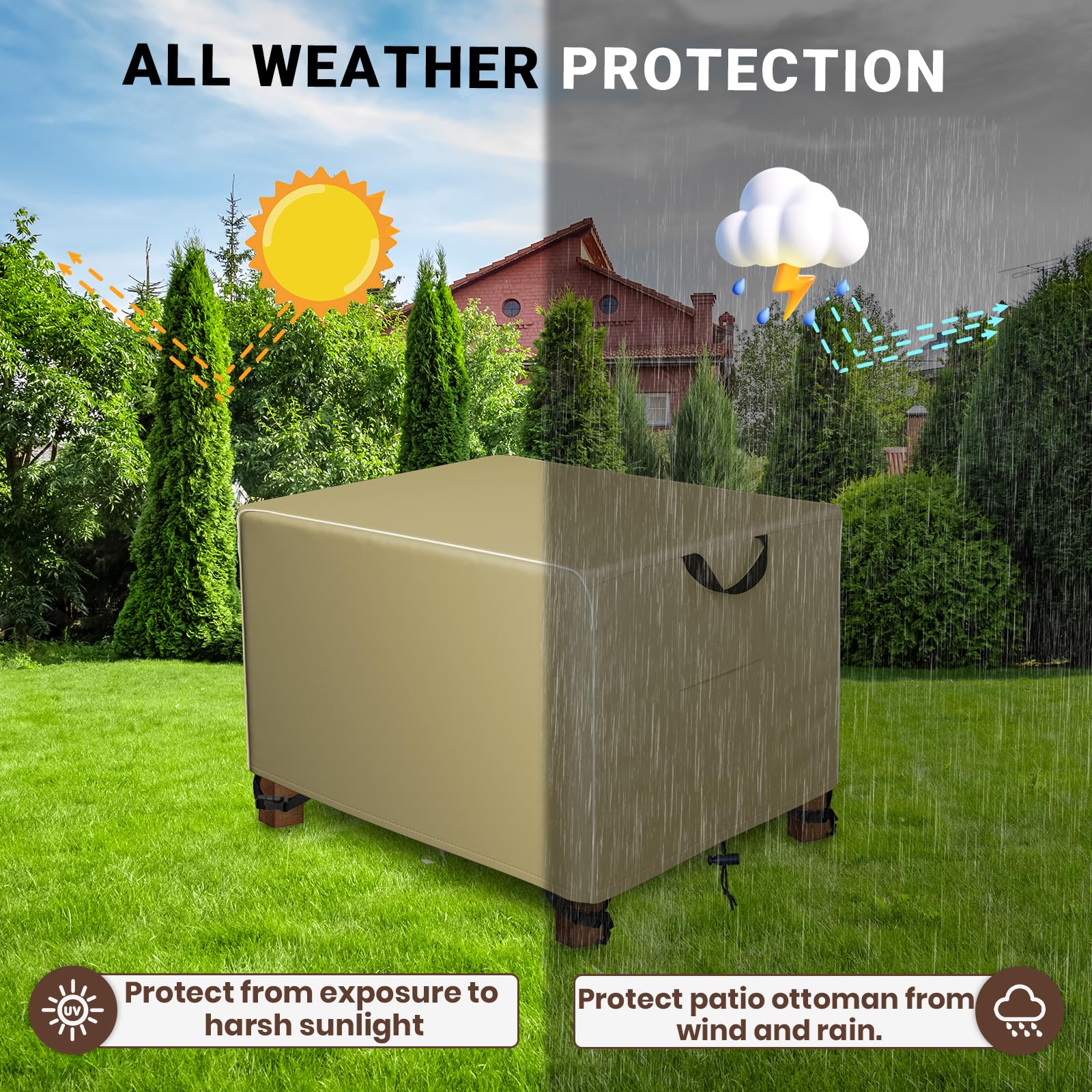 Velway Rectangle Patio Ottoman Cover - Waterproof Outdoor Furniture Cover for Side & End Table, Windproof Anti-UV Outdoor Ottoman Covers with Reflective Strips - 28" L x 22" W x 17" H, Camel
