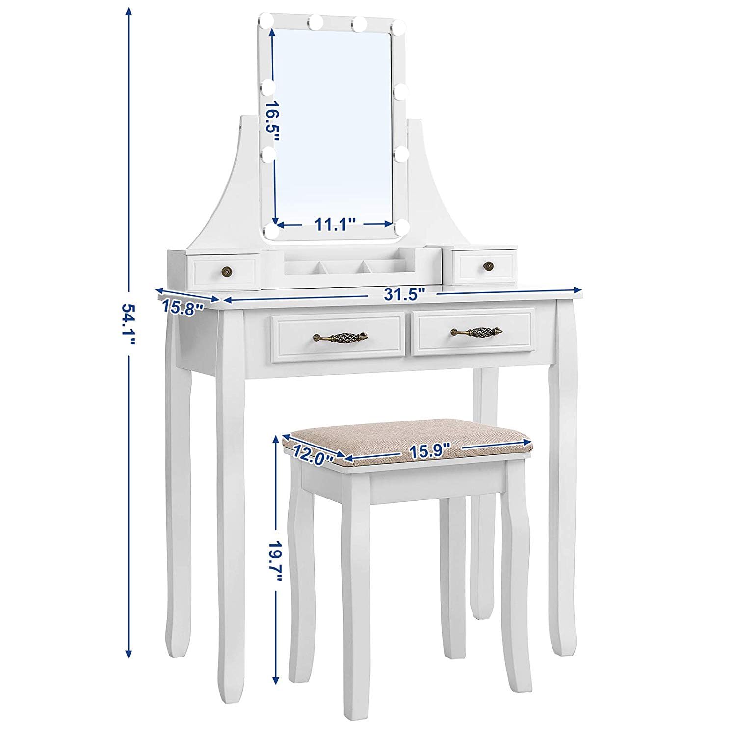 ISHARINGTIME Small Makeup Vanity Desk with Mirror and Lights, 360° Rotation Vanity Table with 4 Drawers & Chair & Shelves, Bedroom, White