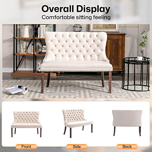 civama Velvet Dining Bench with Back, Tufted Upholstered Loveseat Settee, Nikki Collection Modern Banquette Couch, Comfy Accent Sofa Couch with Solid Wood Legs, Beige