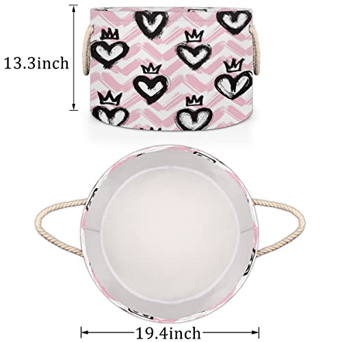 Hearts Crowns Pink Stripe Romantic Large Round Baskets for Storage Laundry Baskets with Handles Blanket Storage Basket for Bathroom Shelves Bins for Organizing Nursery Hamper Girl Boy
