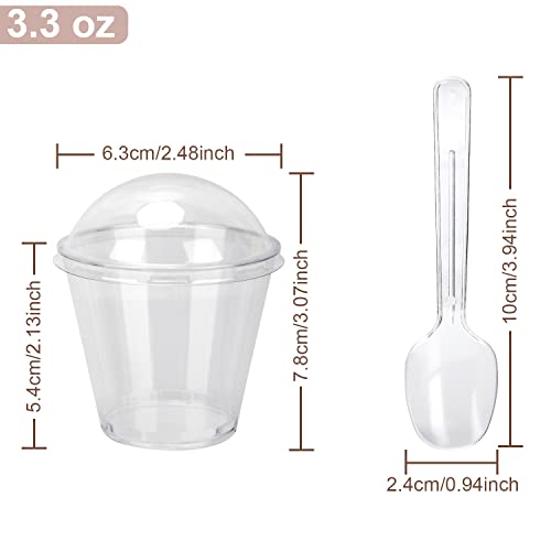 HawHawToys Dessert Cups with Dome Lids and Spoons, 100 Pack 3 OZ Round Mini Plastic Parfait Cups for Party Individual Desserts, Appetizers Serving (3 oz, 100)