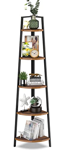 Oapety 5-Tier Ladder Corner Shelf, Display Rack Multipurpose Bookshelf and Plant Stand for Living Room(Brown)