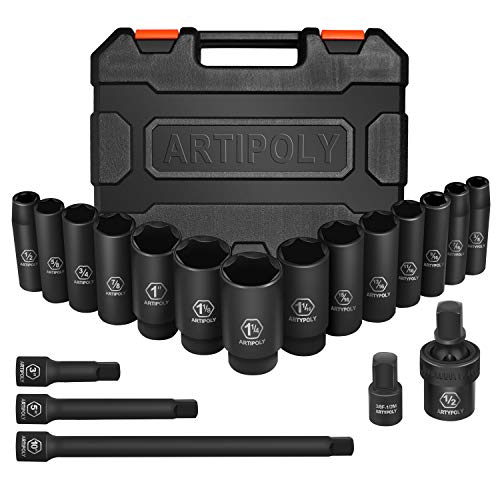 ARTIPOLY 3/8in Impact Socket Set, 6-Point Deep and Shallow Socket Set, 48 Piece Standard SAE and Metric from 5/16in to 3/4in and 8mm to 22mm,Cr-V Steel Mechanic Socket Kit