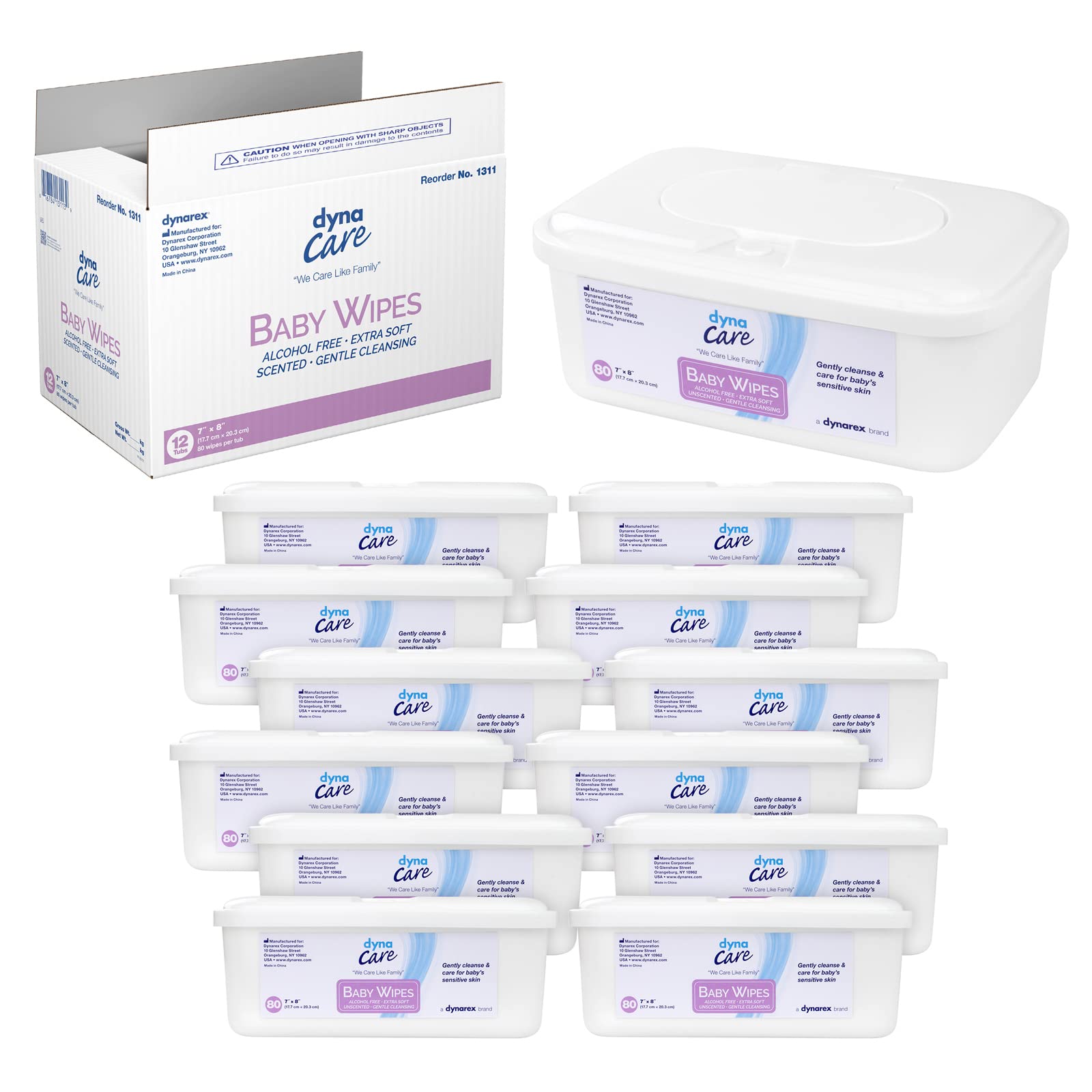 Dynarex 1311 Baby Non-Alcohol Wipe, Lanolin and Aloe to Moisturize Skin, Non-Woven and Unscented, 7 x 8", Pack of 960
