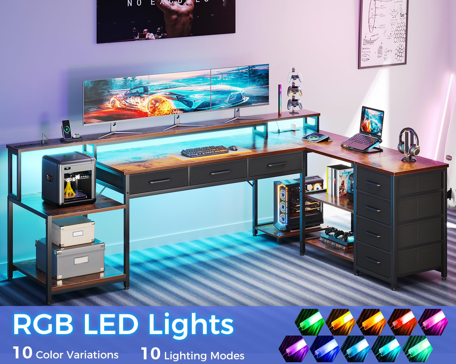AODK 79" L Shaped Desk with 7 File Drawers, L Shaped Computer Desk with 2 Power Outlets & Monitor Shelf, Home Office Desk with Storage Shelves, Reversible Gaming Desk with LED Light, Vintage