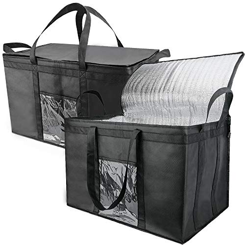 Insulated Food Delivery Bag for Hot and Cold Meal, Grocery Tote Insulation Bag for Catering, Large Pizza Warmer Black 2 Pack